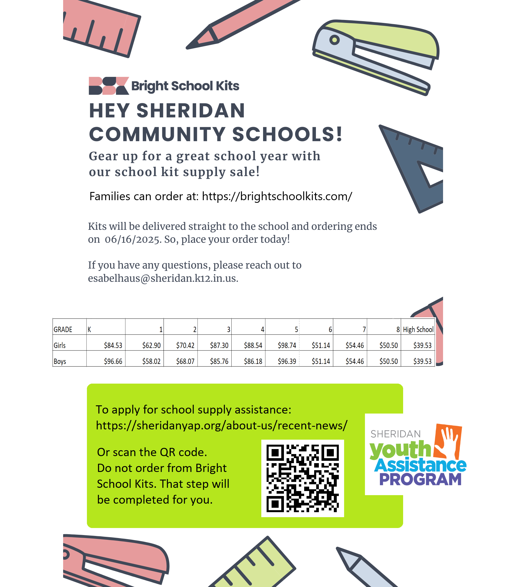 Back to School Kit Orders - Sheridan Youth Assistance Program